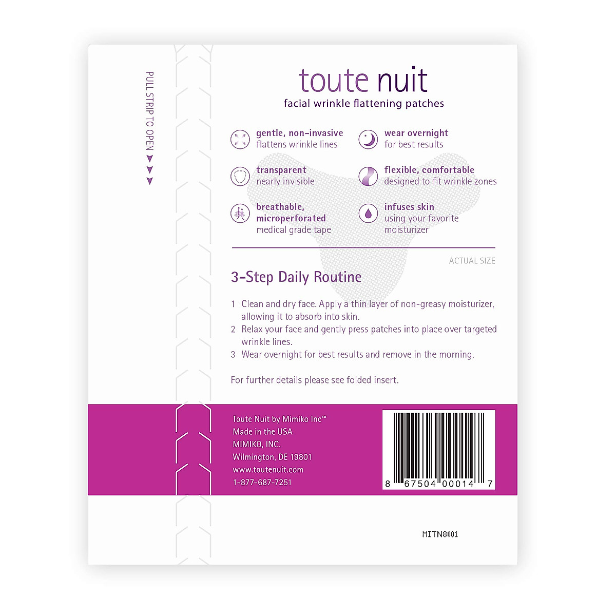 Toute Nuit Facial Wrinkle Patches, Face Tape, Y-Shape, Frown Lines, Around Eyes and Mouth, 20 Patches