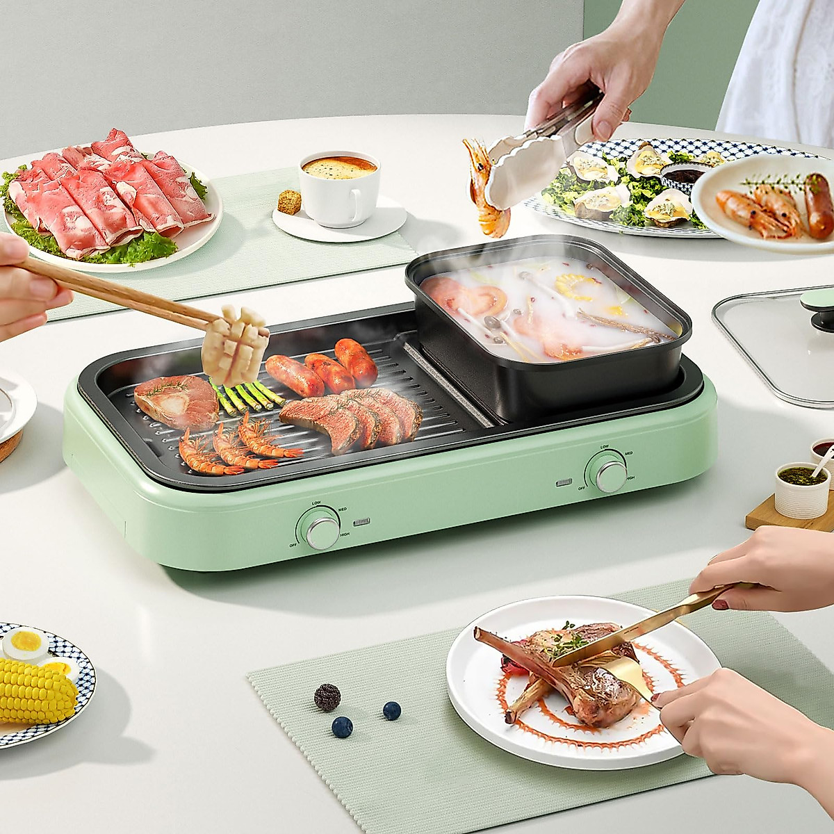 Electric Hot Pot with Grill, 2 In 1 Indoor Non-Stick Barbecue Shabu Hot Pot with Dual Temperature Control, Detachable Hot Pot and Baking Tray, Multi-function Smokeless Shabu Korean BBQ Grill