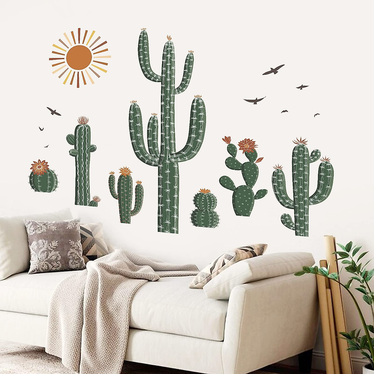 wondever Boho Cactus Wall Stickers Tropical Cacti Green Plants Peel and Stick Wall Art Decals for Living Room Bedroom Dining Room
