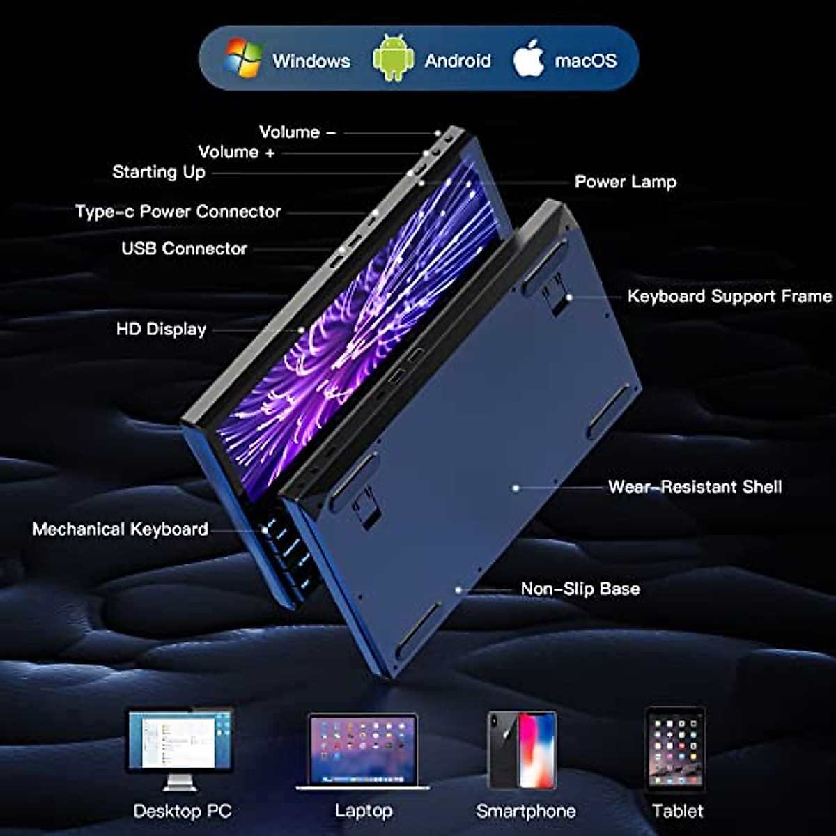 Fagomfer FICIHP K2 12.6" Touchscreen Gaming Mechanical Keyboard,71 Keys Portable USB Wired RGB Backlit Compact Keyboard,Plug and Play Multifunctional Split Screen Keyboard for Windows Mac Android