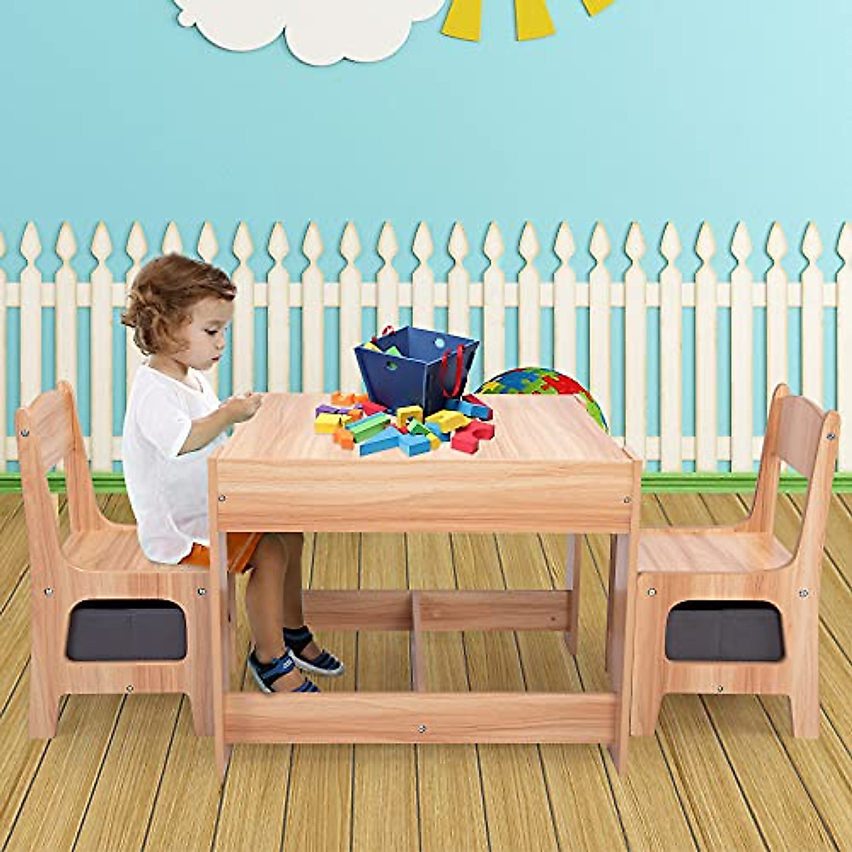 Nyeekoy 3 in1 Multifunctional Wood Table and 2 Chairs Set, White and Gray Children Activity Desk for Toddlers Playing, Drawing, Reading