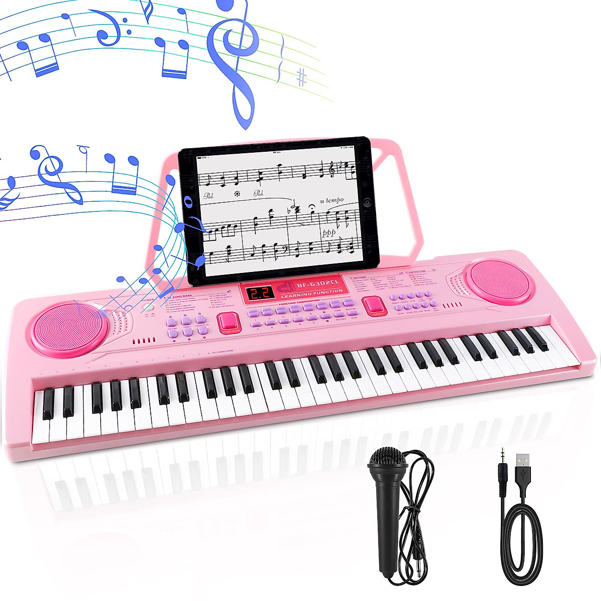WOSTOO Kids Keyboard Piano, Portable 61 Keys Keyboard Electronic Digital Piano, Early Learning Educational Musical Piano Toy Keyboard Gift for Beginners with Music Stand, Microphone (Pink)