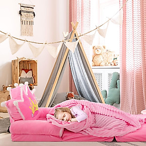 Burbell Toddler Couch 2 in 1 Soft Princess Kids Fold Out Couch with Flannel Blanket Comfy Sofa Bed Toddler Recliners Baby Sofa Bedroom Lounger for Kids 1-3(Pink)