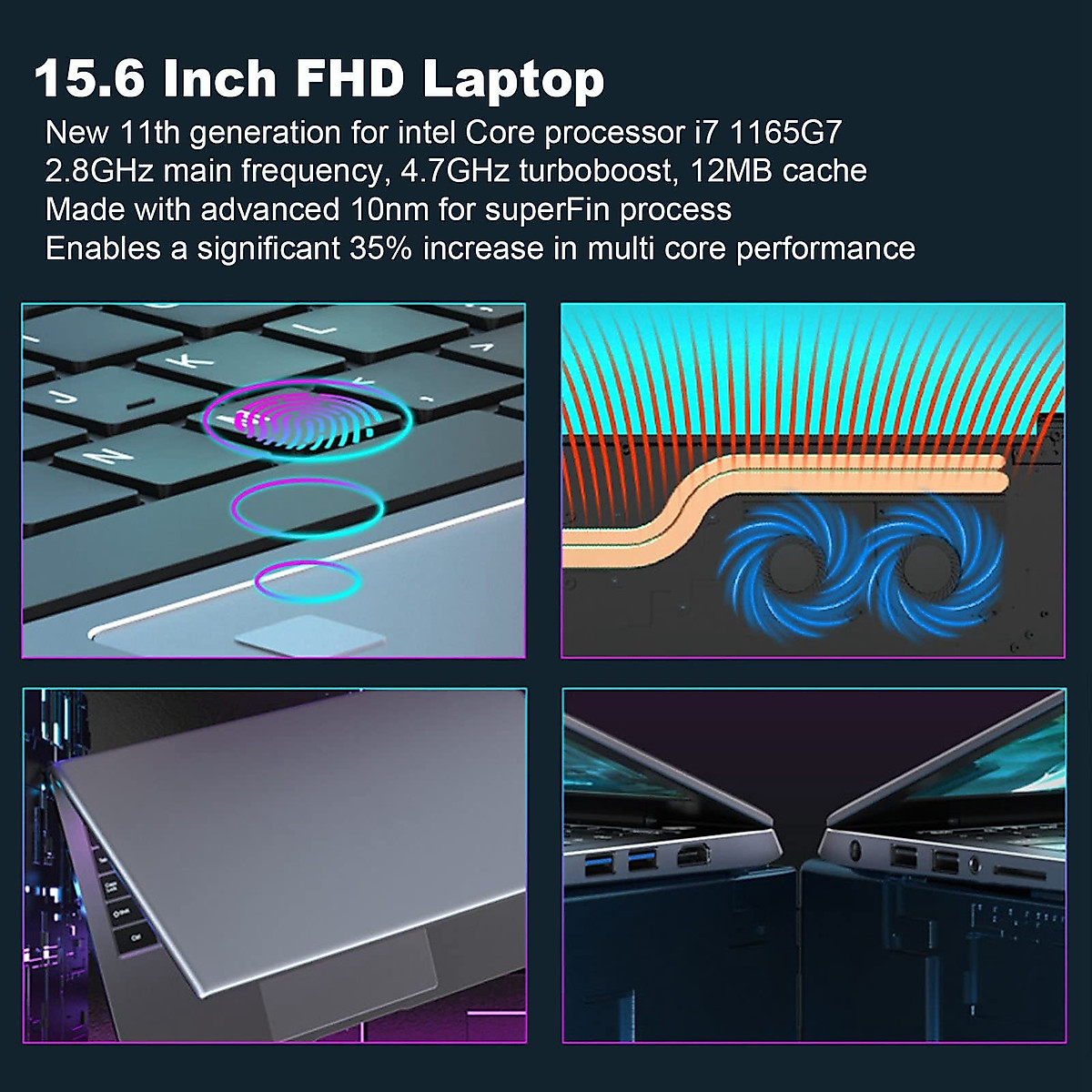 ciciglow 15.6in HD Laptop for Windows 10 11, 16GB RAM 1920 x 1080 Business Laptop, 11th Generation for Intel Core Processor I7 1165G7, 2MP HD Camera, Fingerprint Unlock, Bluetooth 4.0 (256GB US Plug)