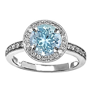 Houston Diamond District 1.35 Carat t.w- 14K White Gold Halo Style Vintage Engagement Ring With Milgrain 1 Round Cut Blue Aquamarine Heirloom Quality