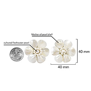 AeraVida Pretty White Mother of Pearl Flower Clip On Earrings for Women | Handmade Mother of Pearl Shell, Cultured Freshwater Pearl Earrings | 40 mm Width