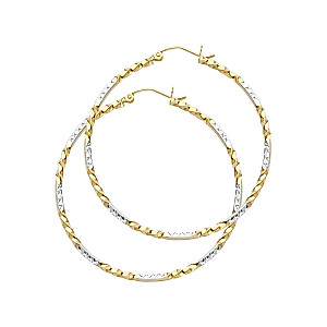14K Yellow White Curled Hoop Earrings - 44/35/25/20mm (Diameter - 35 MM)