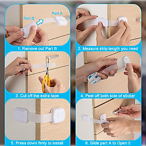Child Safety Cabinet Locks (6 Pack) Adhesive Furniture Latches for Baby Proofing Cabinets, Drawers, Appliances, Toilet Seat, Fridge, Oven & More,No Tools or Drilling - Adjustable Strap