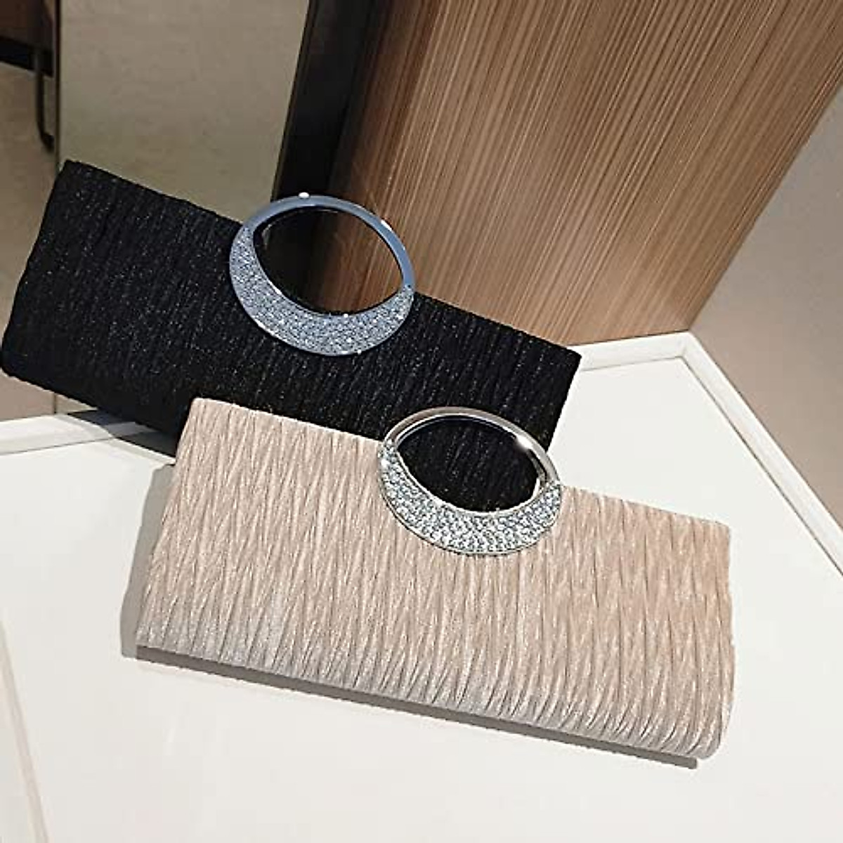 Classic Shiny Evening Bag with Crystal Handle Wedding Party Clutch Purse Handbag with Pleated Satin Clutch Design (Champagne)