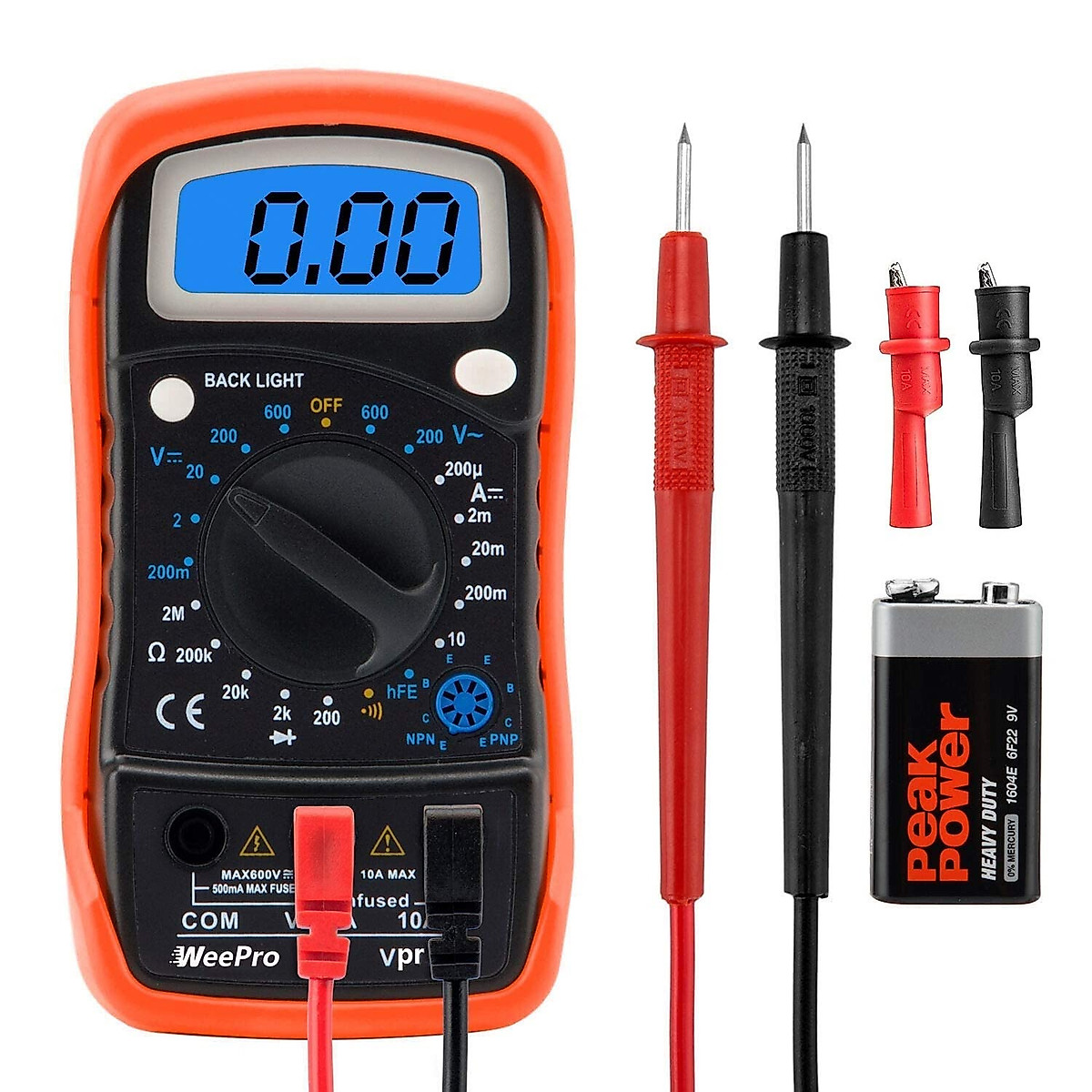 WeePro Vpro850L Digital Multimeter DC AC Voltmeter, Ohm Volt Amp Test Meter, Electric Tester Ohmmeter with Diode and Continuity Detector, Backlit Display and Insulated Rubber Case Kickstand