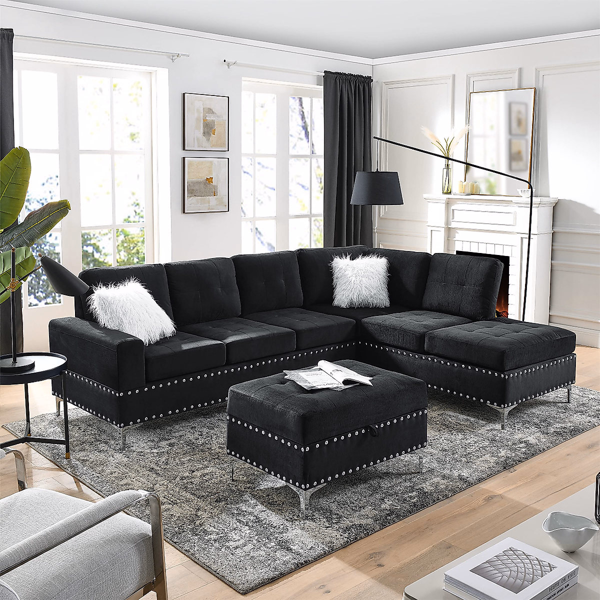 Melpomene L Shaped Sectional Couches Reversible for Small Living Room, Sofa Set in Black Smooth Velvet with Storage Ottoman, Reversible Chaise and Chrome Legs