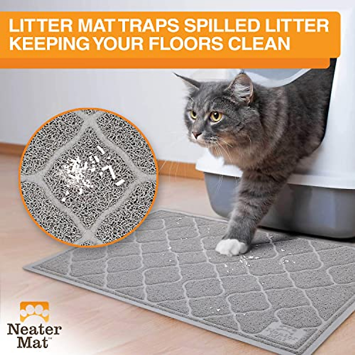 Neater Pets Neater Mat Litter Trapping Mat, Thick & Durable Material Catches Mess from Kitty Litter Box to Protect Floors, Soft on Cats Paws, Anti-Skid Backing, Easy to Clean, Grey, 20" x 30"