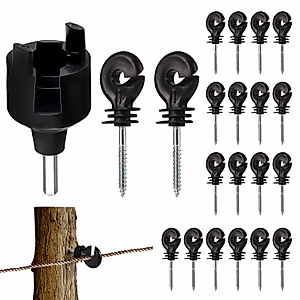 20pcs Electric Fence Insulator, Screw-in Insulator Fence Ring Post with a Insulator Socket Tool Self Tapping Wood Post Ring Insulators for Farm Animal (Black)