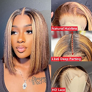 U&A 13x6 Deep Part HD Highlight 27 Colored Short Bob Human Hair Brazilian Invisible Lace Front Wigs Pre Plucked With Natural Baby Hiar Human Hair Wigs for women Daily and Party Use