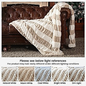 Cozy Bliss Luxury Soft Fuzzy Faux Fur Throw Blanket for Couch, Warm Milky Plush Striped Blanket for Sofa, Furry Thick Fluffy Cozy Shaggy Blanket for Women Living Room Bedroom, 50 * 70 Inches Beige