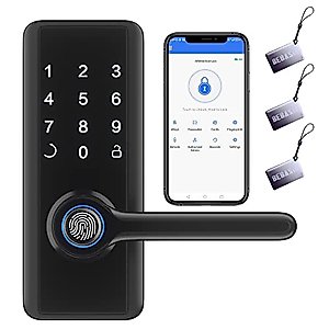 BEBASIA Smart Door Lock, Keyless Entry Door Lock, Fingerprint Door Lock, Door Locks with Keypads, Bluetooth WiFi Door Locks, Keypad Door Lock with Reversible Handle, APP Control, Fobs, Code (Black)