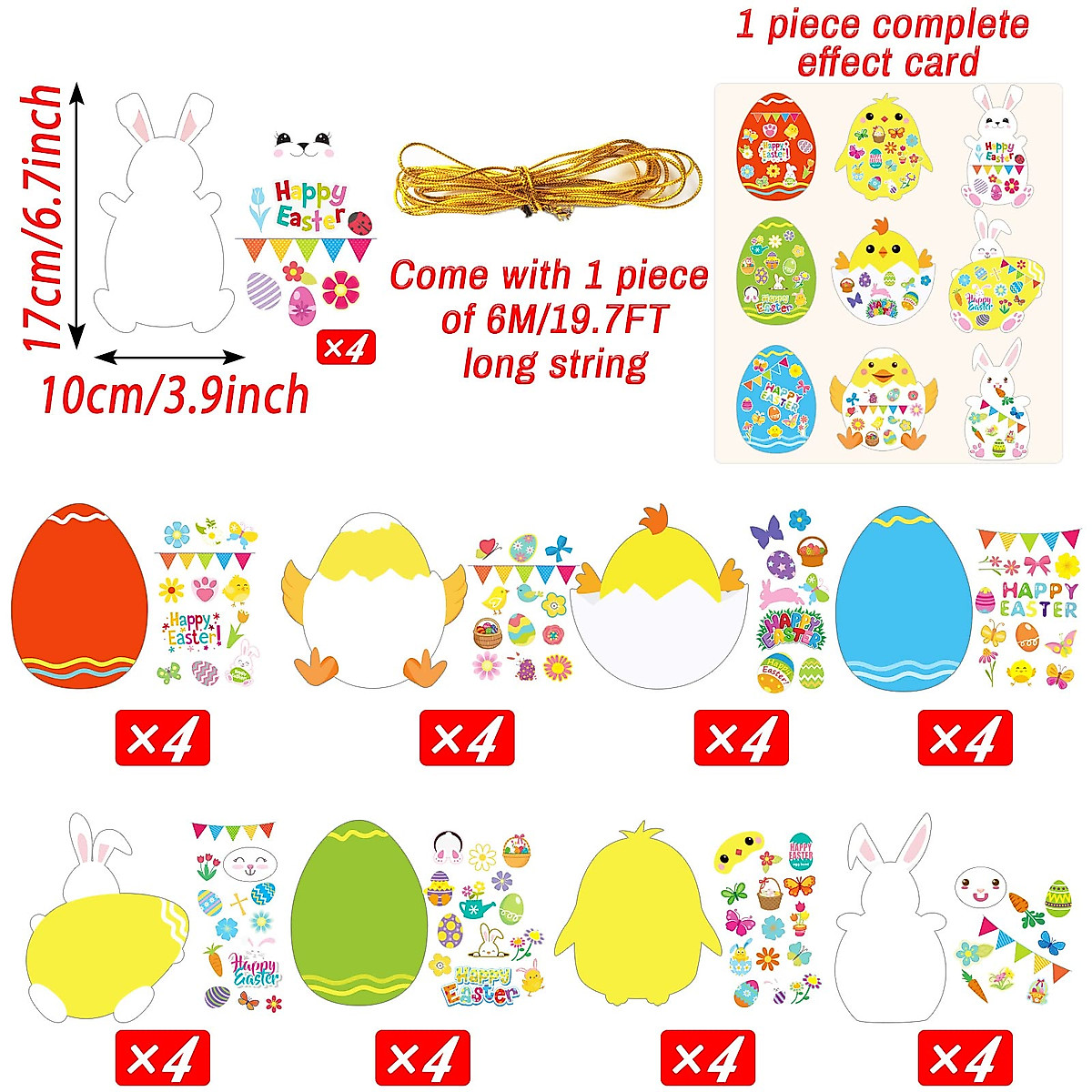 chiazllta 36Packs Easter DIY Craft Kit Stickers Set for Kids Eggs Bunny Chicks Easter Paper Craft Kit for Home Preschool Classroom Game Activities