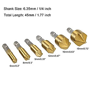 uxcell Countersink Drill Bit Set 6mm 8mm 9mm 12mm 16mm 19mm Dia 1/4” Hex Shank 90 Degree 5 Flute Chamfer Tool for Woodworking Titanium Plating HSS 6pcs