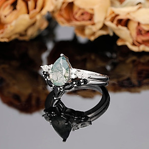 IRROYA 1.50 Carat Pear Cut Natural Moss Agate Wedding Rings Sets,Genuine Moissanite Engagement Ring,Black Spinel Eternity V Shaped Wedding Band, Sterling Silver Platinum, moss agate