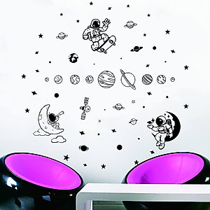 ANFRJJI Astronaut Wall Sticker - Removable PVC Vinyl Decals of Space Scooter, Telescope, Satellite and Planets - Cosmic Space Wall Decor for Kids Room, Game Room and Nursery - Galaxy Adventure Wall Art (Black-JWH214-Astronaut)
