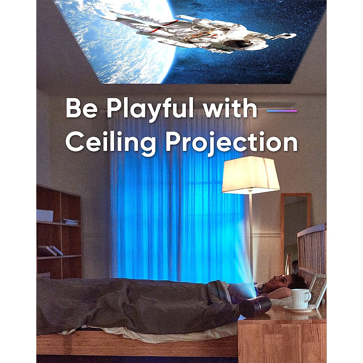 NOMVDIC R150 Mini Projector, Portable Battery Operated Projector with 4hrs of Playtime , Ceiling Projector with 90˚ Rotating Lens, 6W Harman Kardon Speaker, Auto Keystone