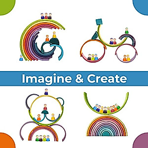 TEKOR 35 Pcs Wooden Rainbow Stacking Toy Set, Montessori Building Blocks for Toddler Girl Boy, Stacker Puzzle Educational Preschool Gifts for Kids, Semi-Circle, Stacking Blocks, Little Peg Dolls