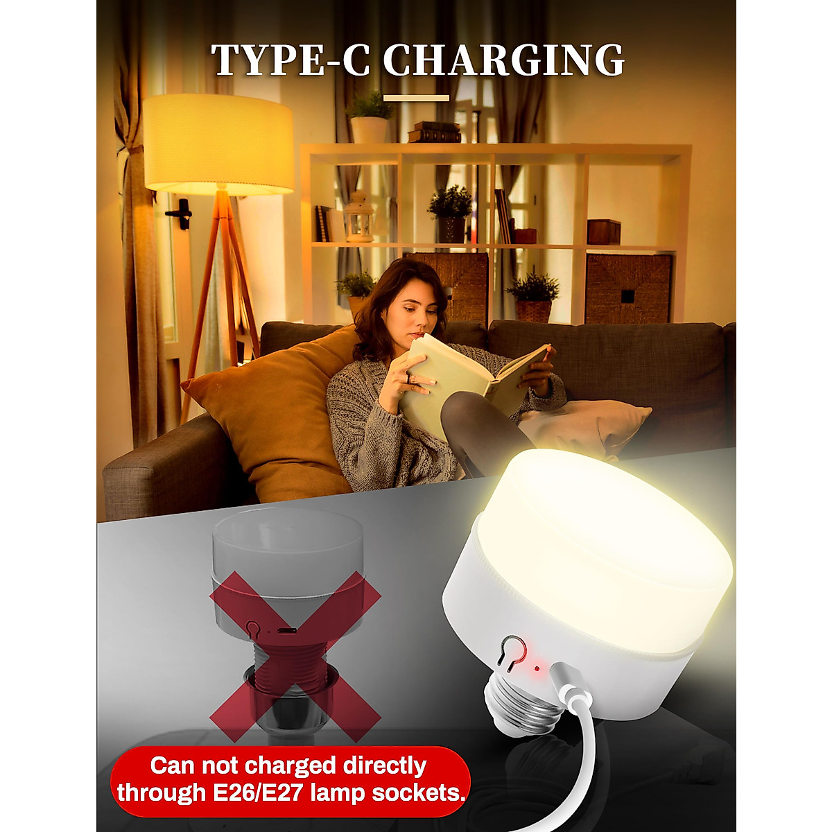 Rechargeable Battery Operated Light Bulb [2 Pack], Bright Rechargeable Light Bulbs, 3600mAh, 110lm, E26 Socket, Multiple Colors, Remote Control Puck Emergency Lamp,Timer,Dimmer,for Non-Hardwired