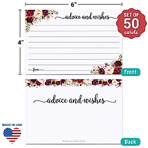 321Done Advice and Wishes Cards (50 Cards) 4" x 6" Red Watercolor Floral Roses for Wedding, Bridal, Retirement, Graduation, Anniversary - Made in USA - White