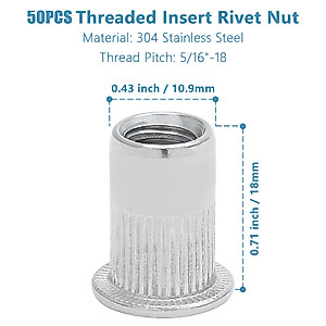 Qjaiune 50PCS 5/16"-18 Stainless Steel Threaded Insert Rivet Nut, 5/16-18UNC Rivnuts Flat Head Rivets, Knurled Nutsert Screws Blind Nut