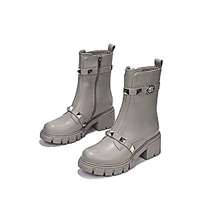 Cape Robbin Yuri Grey Gold Embellished Buckle Strap Block Chunky Heel Moto Boots (Grey Gold, 8)