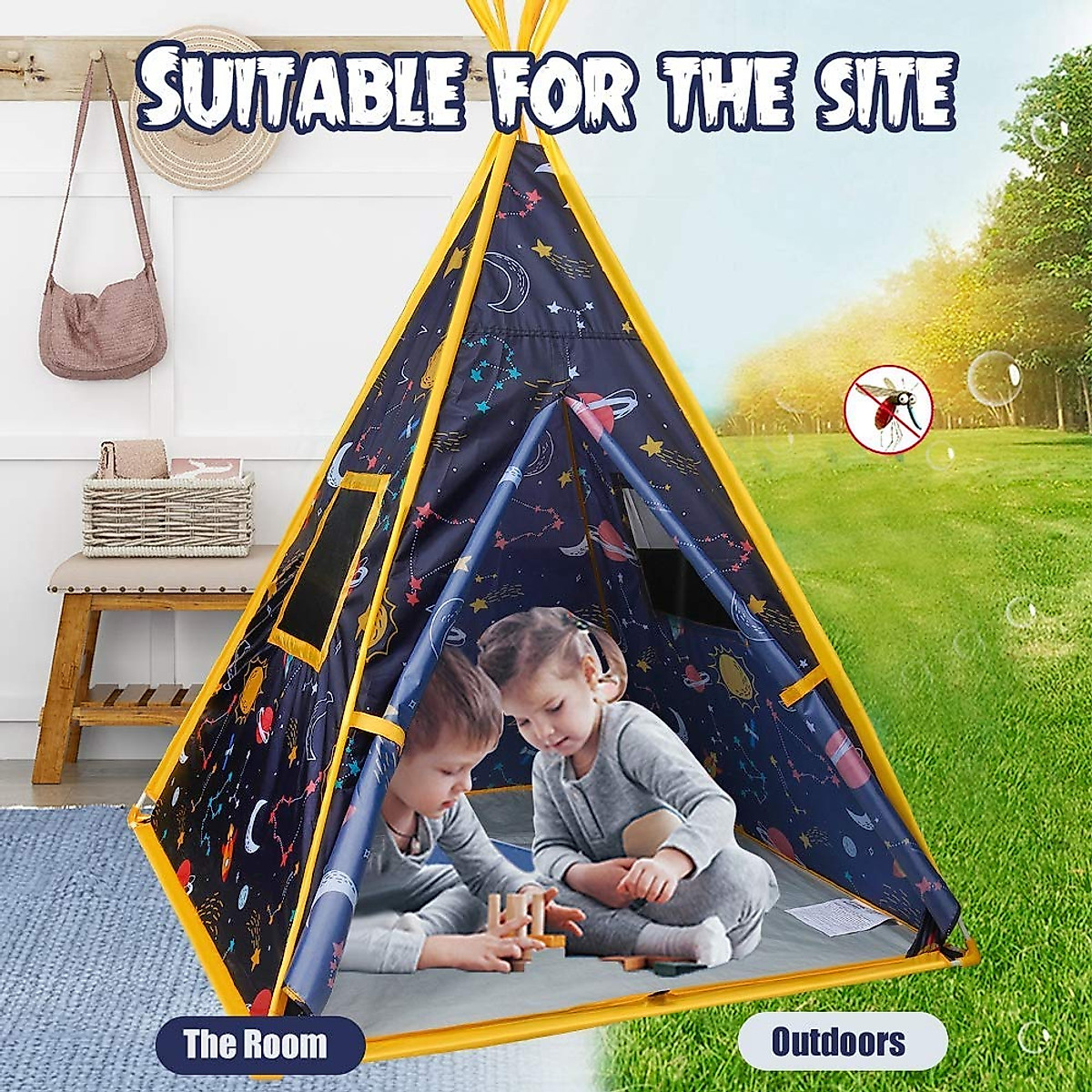 MountRhino Kids Teepee Tent -44”x44”x61” Large Happy Hut Galaxy Space Kids Tent, Indoor Outdoor Playhouse Tents for Boys and Girls,Kids Indian Teepee Play Tent,Perfect Kid’s Gift
