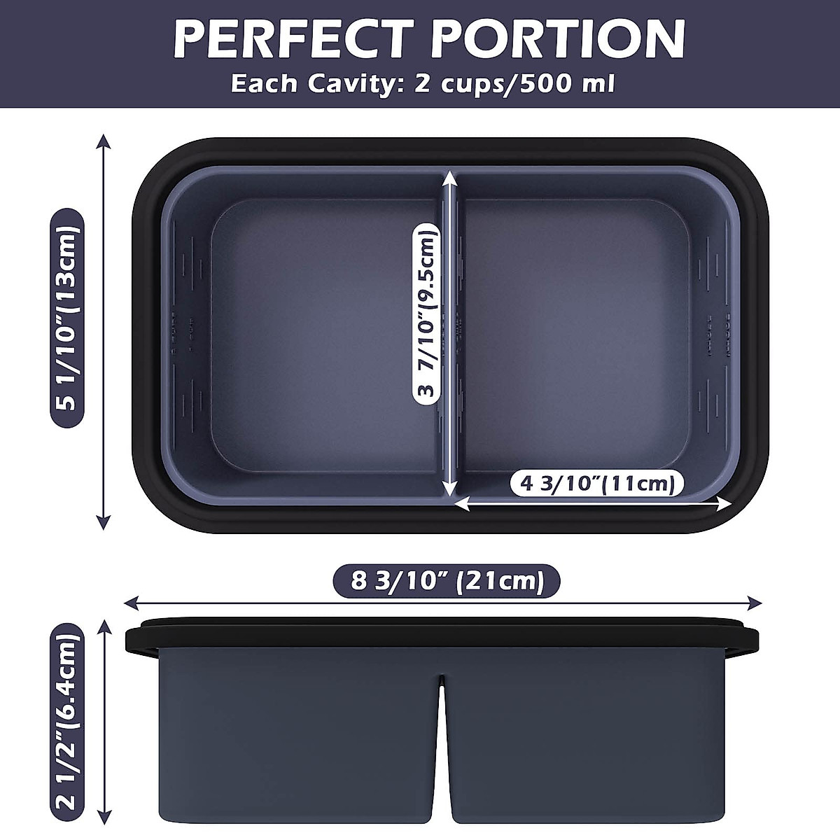 Webake Silicone Freezer Tray with Lid, 2 Cup Ice Cube Tray for Soup Sauce Meal Prep, BPA Free - Grey