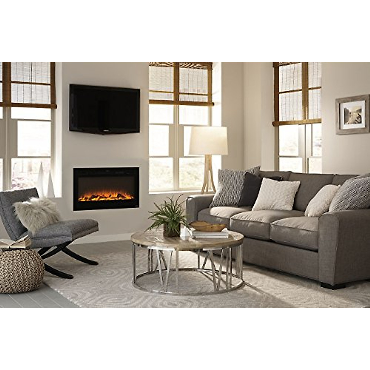 Touchstone Smart Electric Fireplace-The Sideline 36 Inch Wide-in Wall Recessed-30 Realistic Ember Color/Flame Options-1500W Heater w/Thermostat-Black-Log & Crystal Hearth Options -Alexa/WiFi Enabled