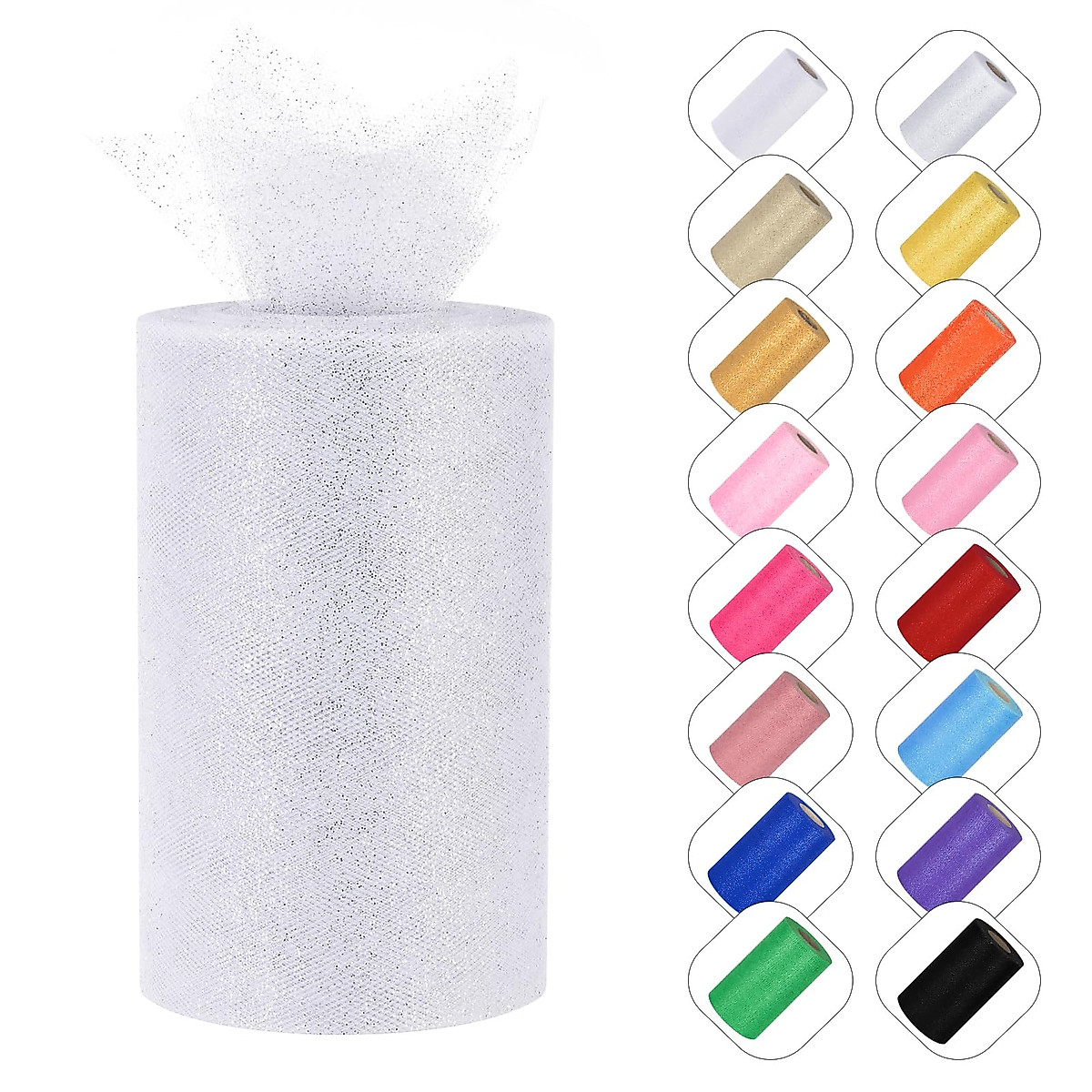 Glitter Tulle Rolls 6” by 50 Yards Sparkle Tulle Fabric Ribbon Sequin Tulle Netting Rolls for DIY Tutu Skirt Wedding Birthday Party Decoration (White/Silver-New)