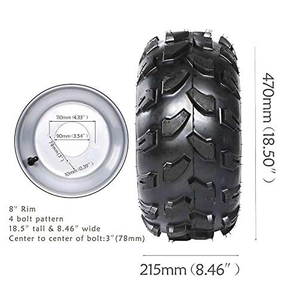 WPHMOTO 2Pcs 19x7-8 Front and 2Pcs 18X9.5-8 Rear Tubeless Wheel Tire With Rim for ATV Go Kart Quad Bike 4 Wheelers