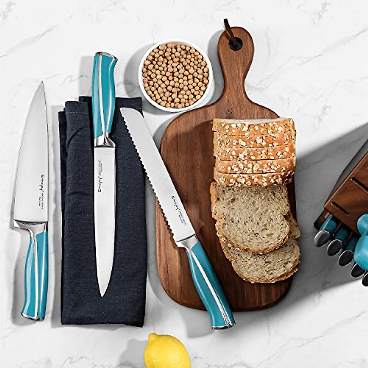 Emojoy Knife Set, 15-Piece Kitchen Knife Set with Block Wooden, Lake Blue Handle for Chef Knife Set, Kitchen Knives Sharpener and Scissors German Stainless Steel