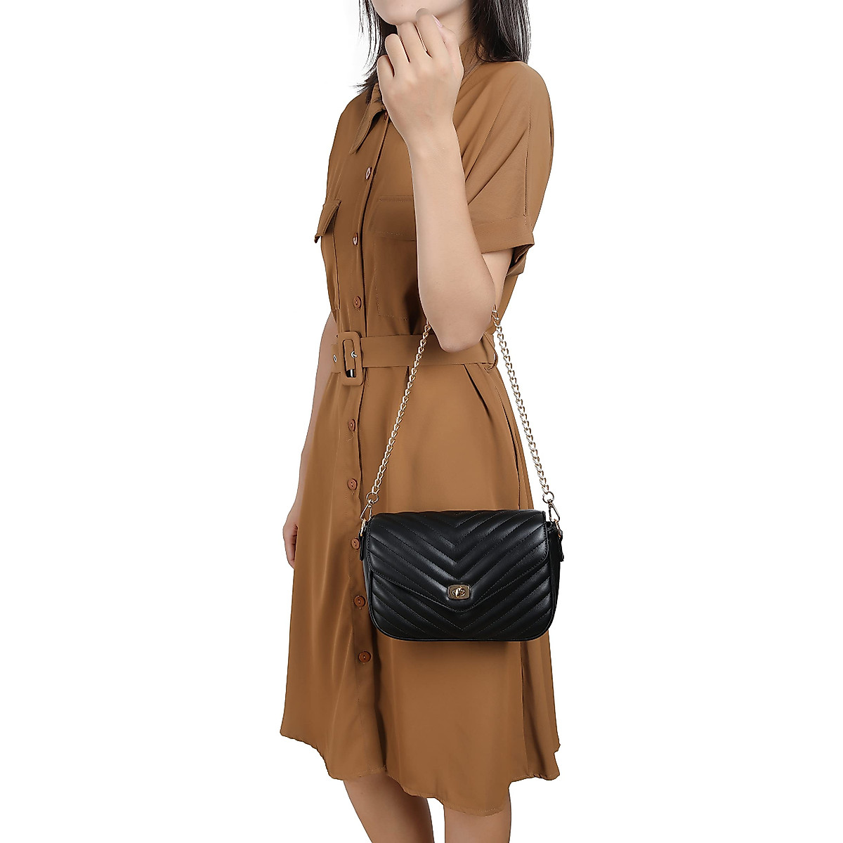 lola mae Quilted Crossbody Bags for Women Shoulder Handbag with Coin Purse Chain Strap Trendy Purse (Black-LM739)