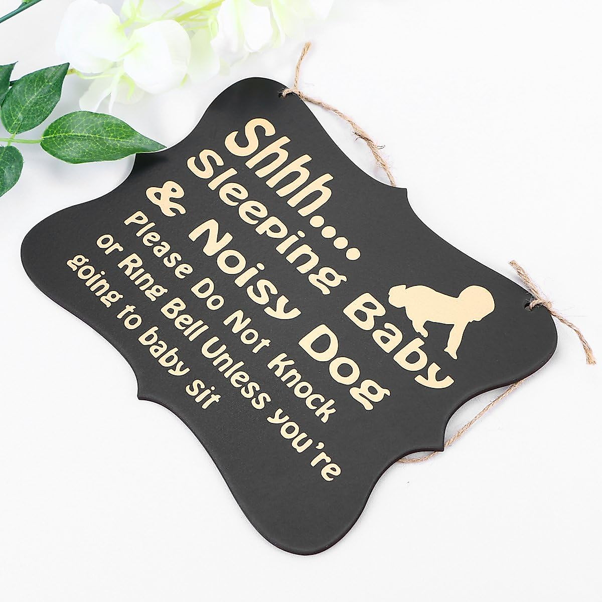 WINOMO Shhh Sleeping Baby Door Sign Do Not Disturb Sign Baby Room Hanging Wooden Decorative (Black)