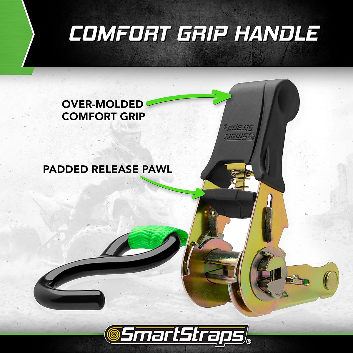 SmartStraps 14’ Padded Ratchet Tie Down, 4 Pack — Standard Duty Tie-Down Straps — 1,500lb Break Strength, 500lb Safe Work Load — Haul Dirt Bikes, ATVs, and Mowers