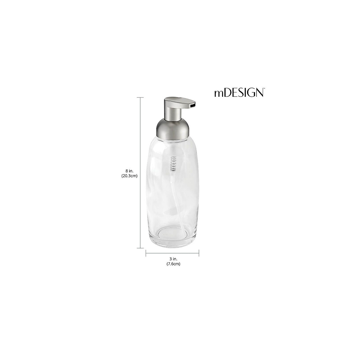 mDesign Modern Glass Refillable Foaming Soap Dispenser Pump Bottle for Bathroom Vanity Countertop, Kitchen Sink - Save on Soap - Vintage-Inspired, Compact Design - 2 Pack - Clear/Brushed