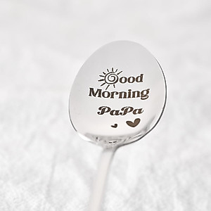 Papa Gifts from Grandchildren Grandaughter Grandson Good Morning Papa Spoon Engraved Papa Birthday Fathers Day Gift for Grandpa Dad Christmas Gifts Papas Coffee Spoon