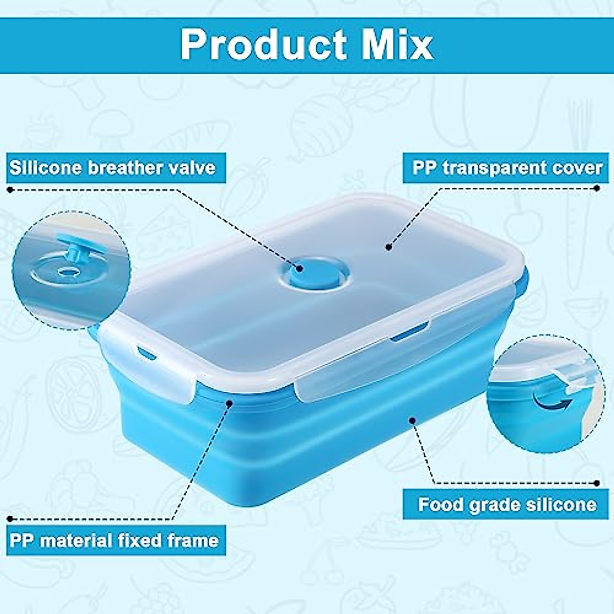 Zhehao Set of 8 Silicone Food Storage Containers Collapsible Storage Containers Collapsible Bowls with Lids Reusable Foldable Bento Lunch Box for Meal Prep Freezer Microwave, 4 Sizes (Blue)