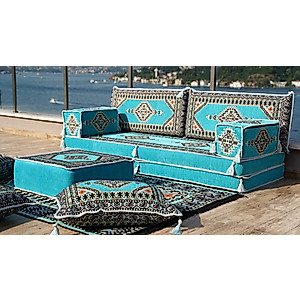 Turquoise Turkish Floor Sofas, 8" Thickness Floor Couch, Reading Sofa Pillow, Window Seat, Bench cushion, Meditation Yoga Loveseat, Healing Room Floor Cushion, Sofa Covers (Sofa Full Set)