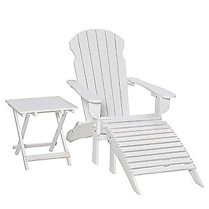 Outsunny 3-Piece Folding Adirondack Chair with Ottoman and Side Table, Outdoor Wooden Fire Pit Chairs w/High-Back, Wide Armrests for Patio, Backyard, Garden, Lawn Furniture, White