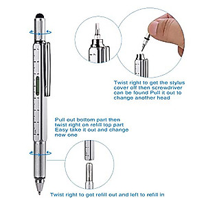 Useful Gadgets Business Gift for men, 6 in 1 Sliver tool pen with Ruler, Level gauge, Ballpoint Pen, Stylus and 2 Screw Drivers, Multifunction Tool Pen Fit for Engineers and Technicians in Gift Box