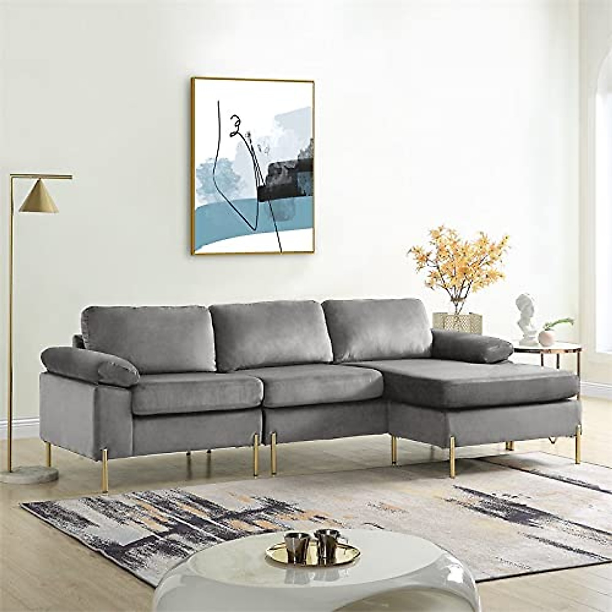 Devion Furniture Modern Velvet Sectional Sofa in Gray/Gold Legs