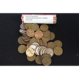 Roll Lincoln Wheat Back Cents - 50 Coins - Date Range 1909 to 1958 - All Different Coins - Some Mint Marks - No Duplicates - Some Better Grades