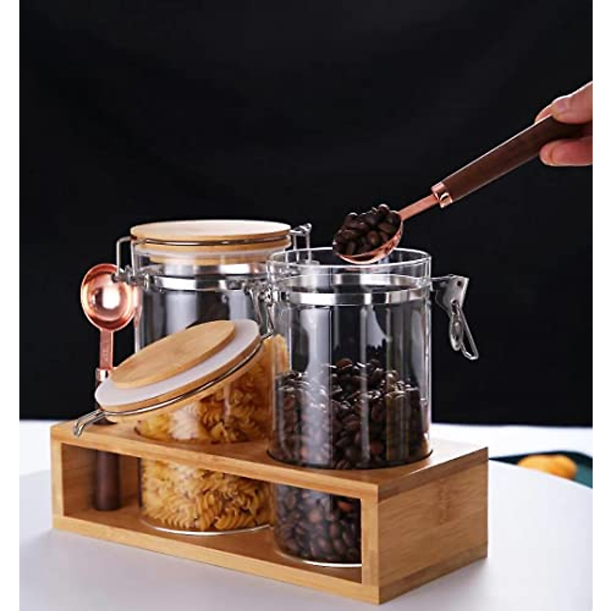 Glass Coffee Containers with Airtight Bamboo Lids & Shelf,Set of 2- 35oz Ground Coffee Canister Set With 2 Measuring Spoons, Coffe Bean Storage BPA Free Coffe Jar Glass Food Storage Jars Tea, Sugar,