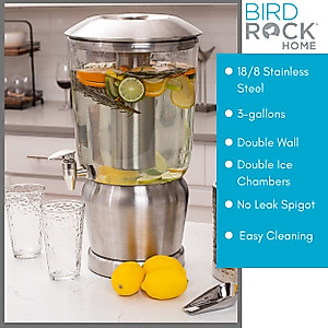 BIRDROCK HOME 3 Gallon Stainless Steel Beverage Dispenser with Ice Container, Spigot - Round - Lemonade Sangria Tea Water Drink Jar Jug - Home Parties - BPA Free Clear Acrylic