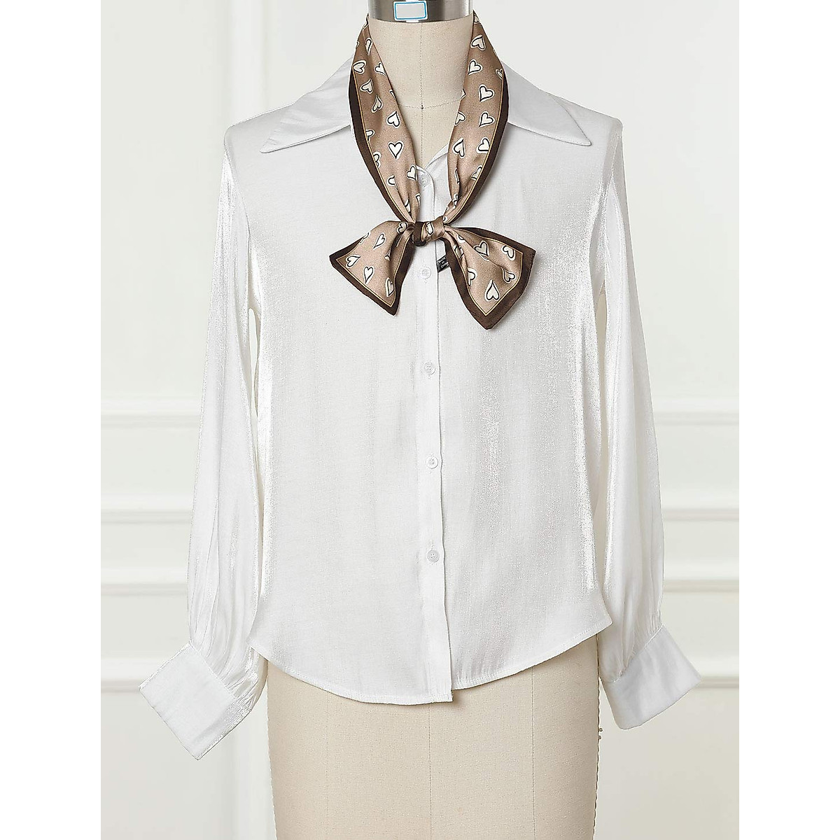 Allegra K Silky Skinny Scarves Ribbon Heart Print Long Hairband Handbag Wrap Brown 1 Pcs